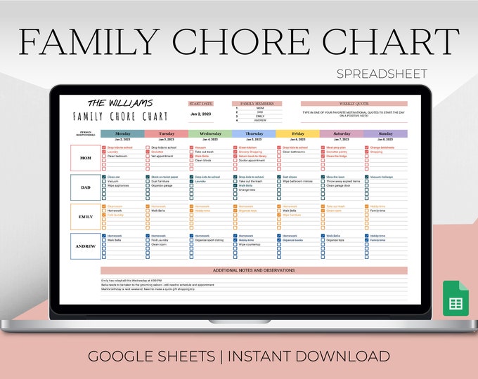 Family Chore Chart Template: Weekly Spreadsheet (google Sheets) - Etsy