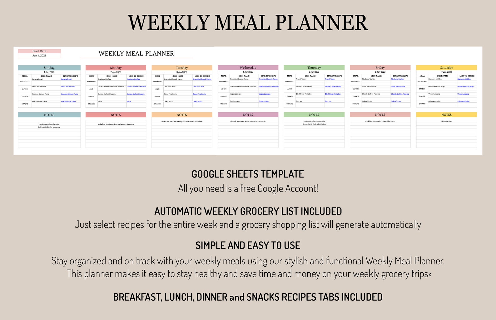 Weekly Meal Planner Template | Meal Planner Google Sheets Spreadsheet ...
