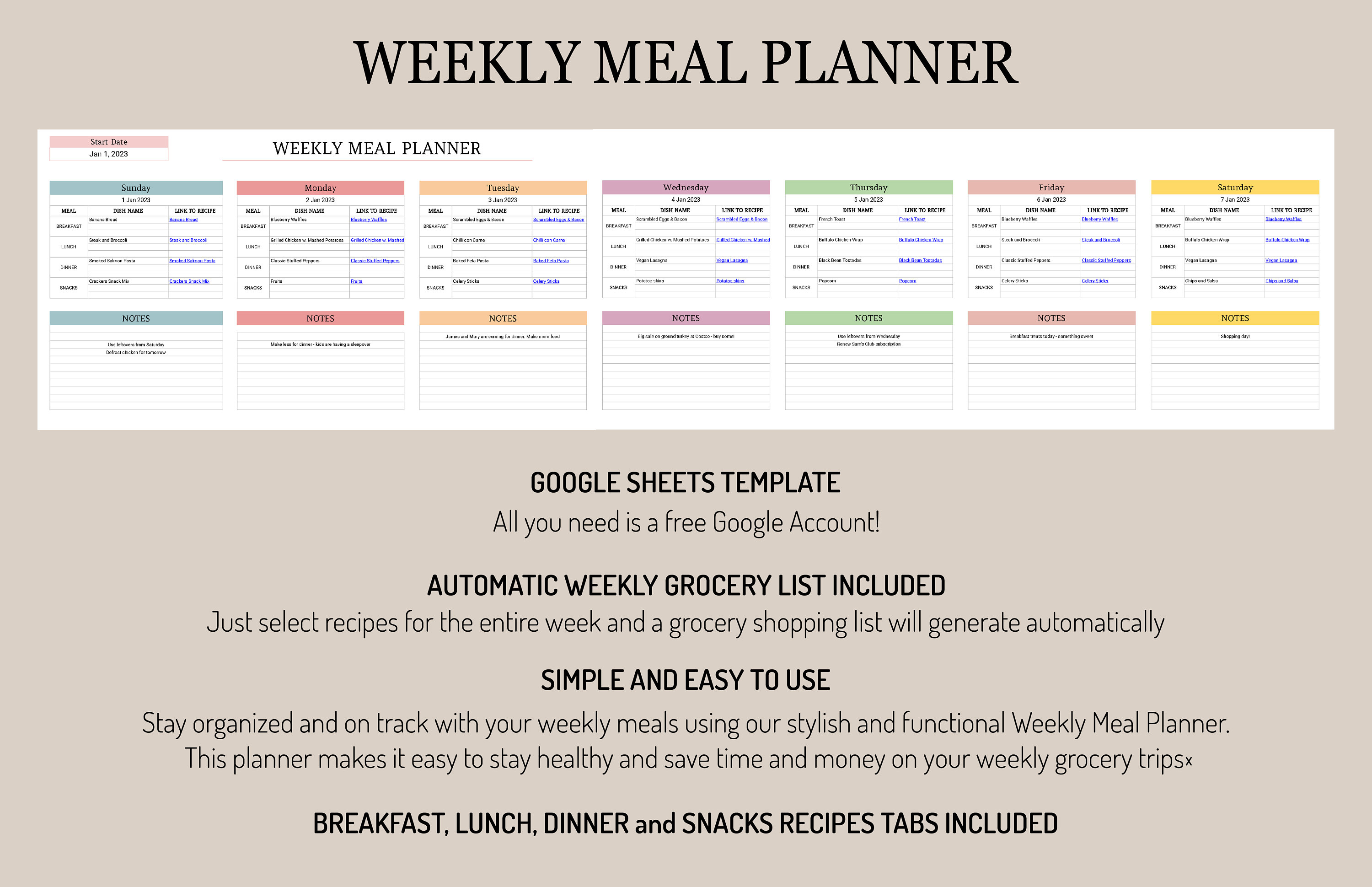 Weekly Meal Planner Template | Meal Planner Google Sheets Spreadsheet ...