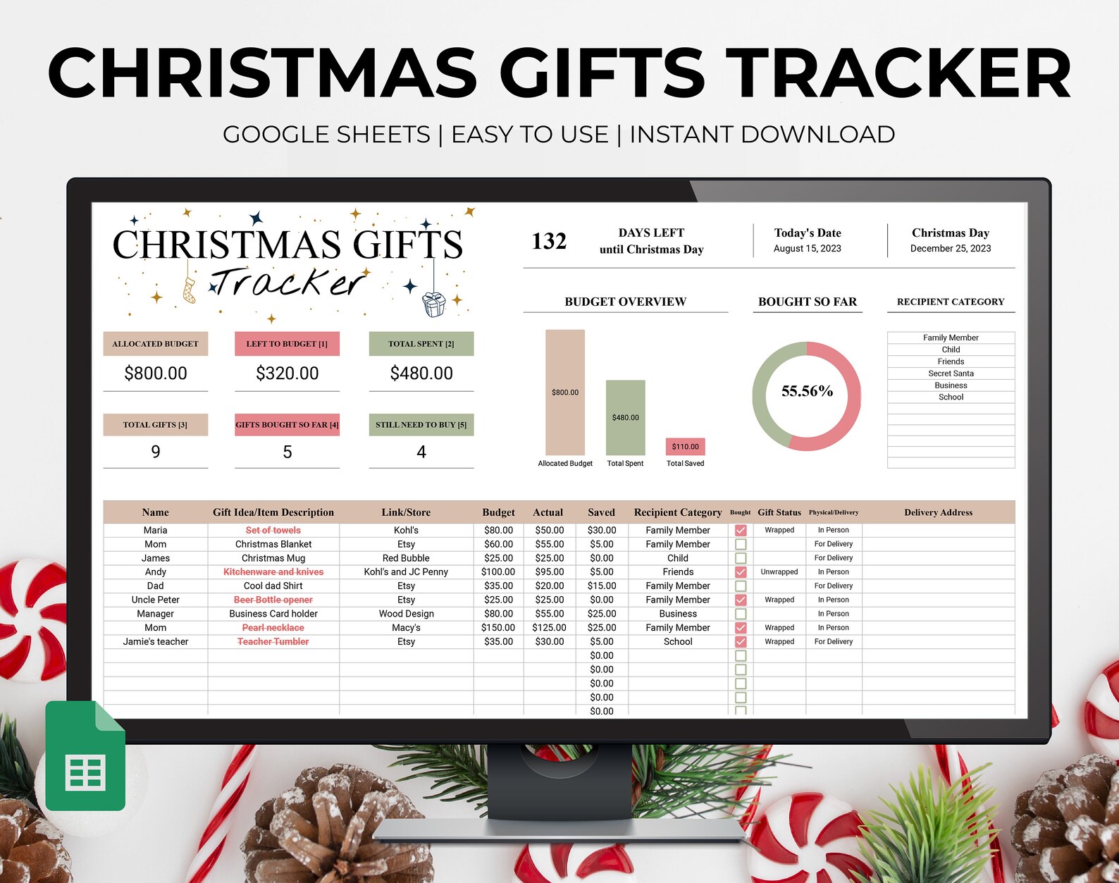 Christmas Gifts Tracker Template | Christmas Gifts Budget Google Sheet Spreadsheet | Christmas ...