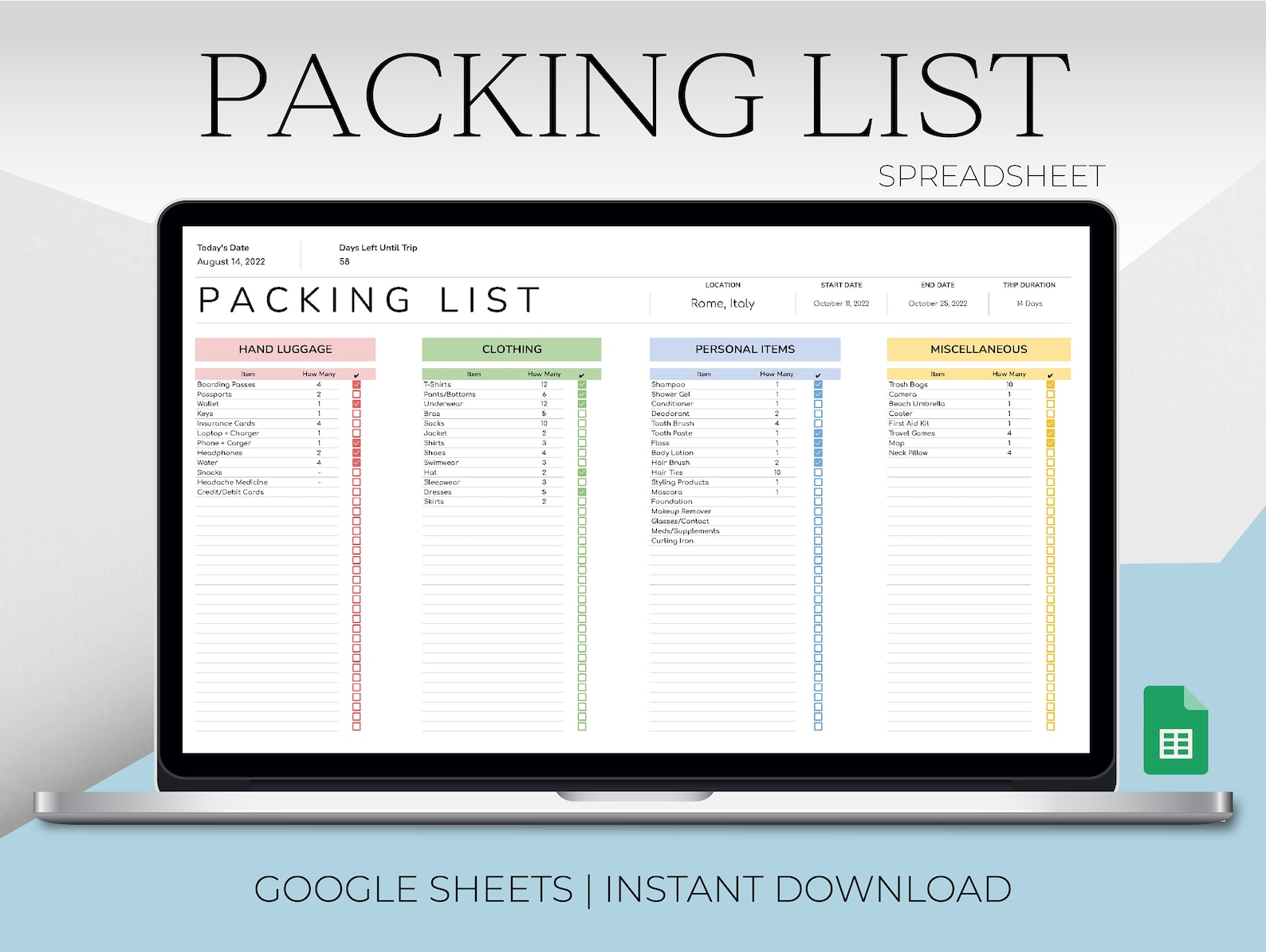 Packing List Editable Template | Google Sheets Packing List Spreadsheet ...