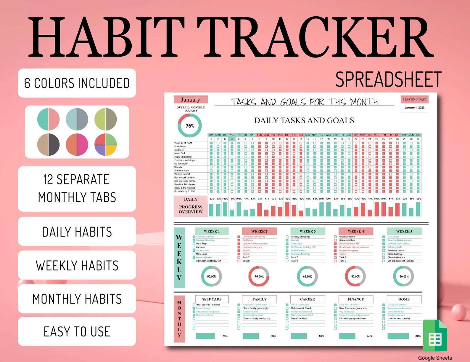 Habit Tracker Google Sheets Template Productivity Planer - Etsy