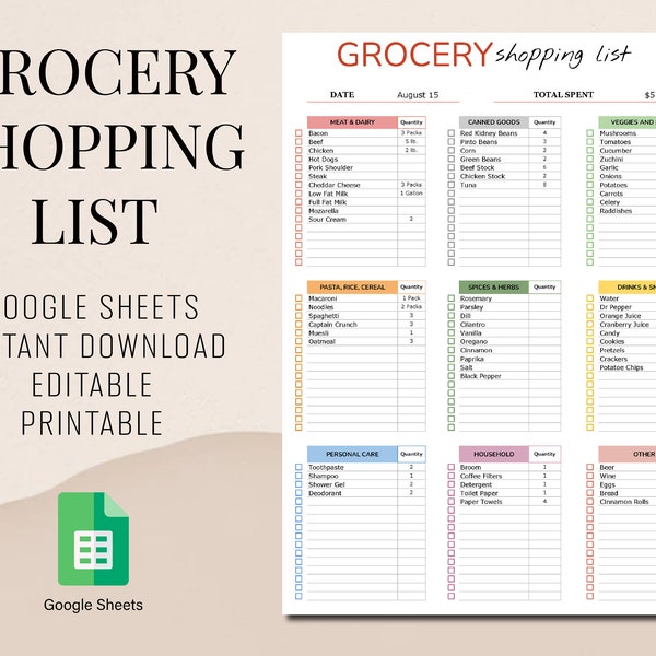 Google Sheets Grocery List Printable - Etsy