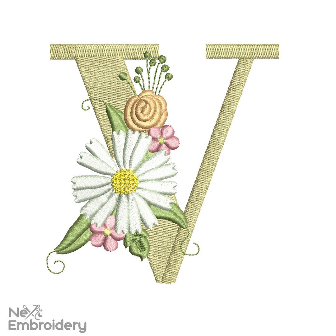 Floral Font Embroidery Design, Alphabet V Letter Embroidery Designs ...