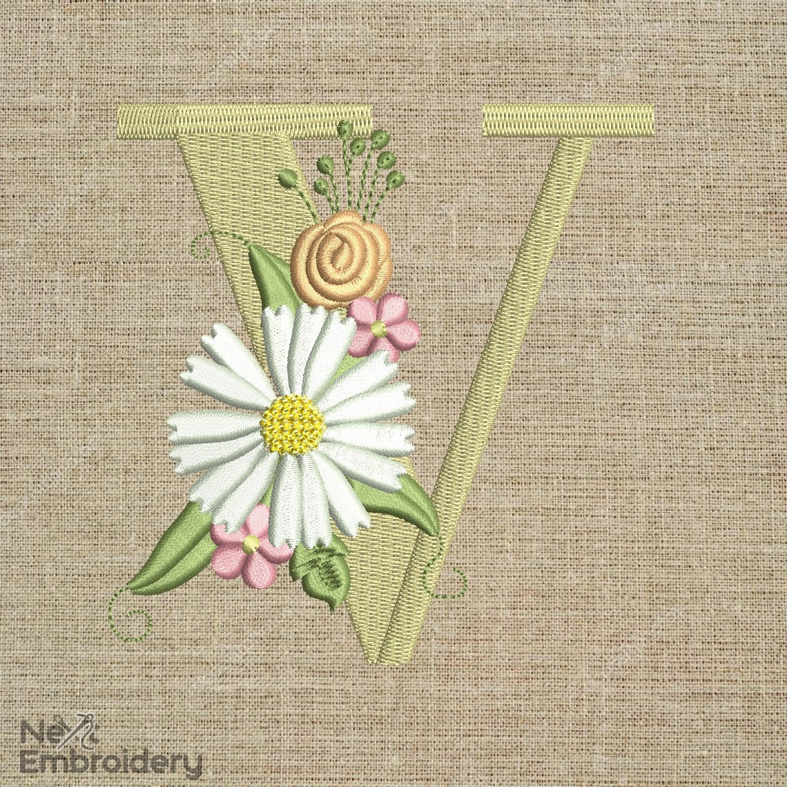 Floral Font Embroidery Design, Alphabet V Letter Embroidery Designs ...
