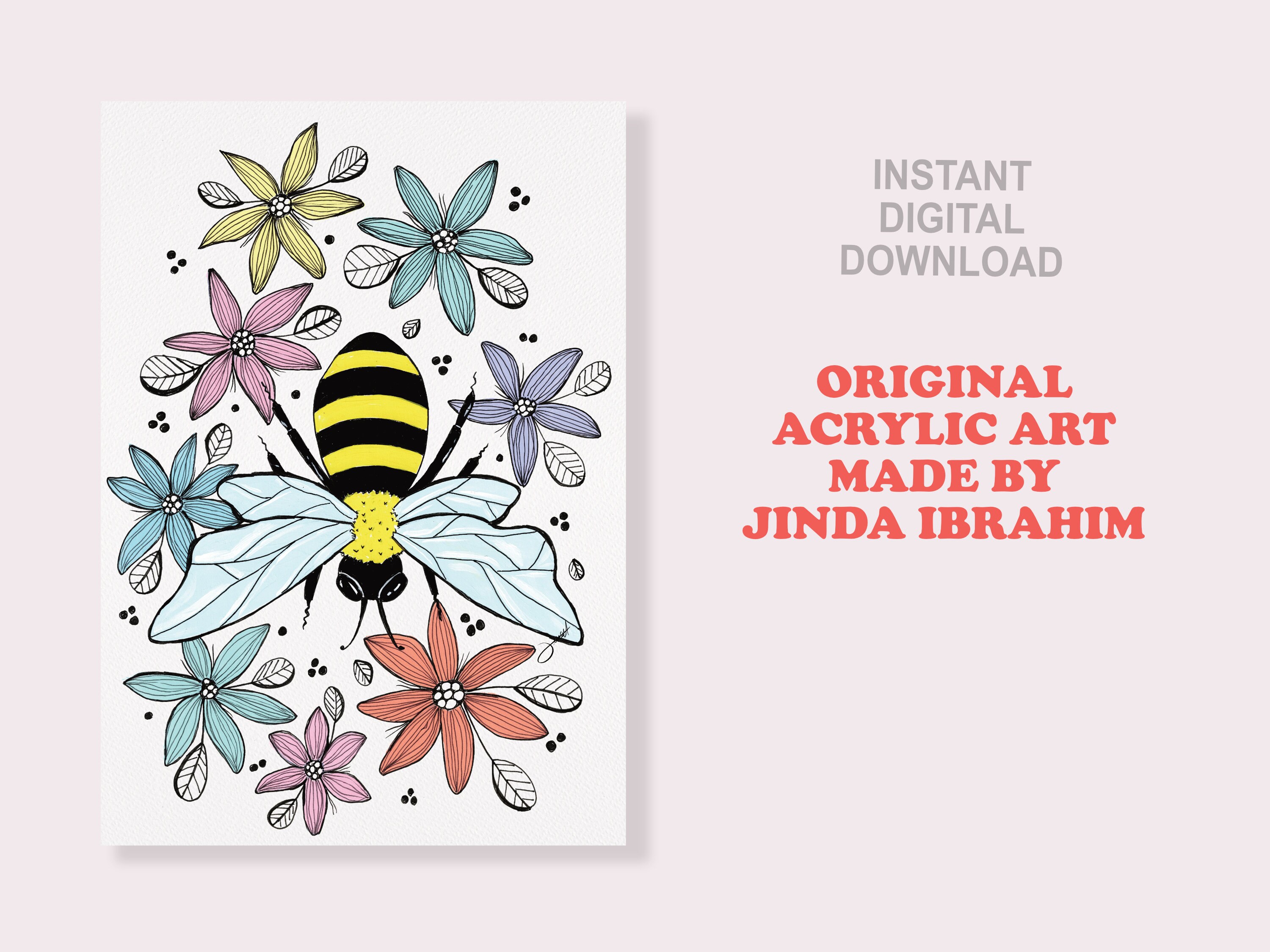 Colorful Bee Original Print, Printable Wall Art, Colorful Printable Art ...
