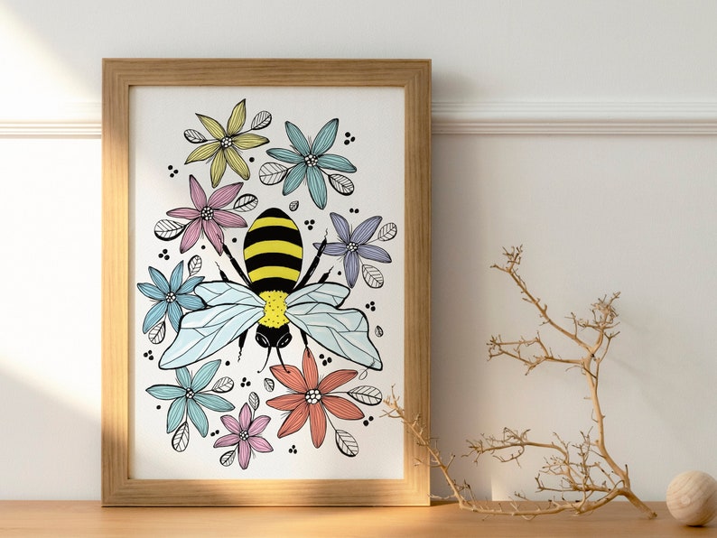 Colorful Bee Original Print, Printable Wall Art, Colorful Printable Art ...