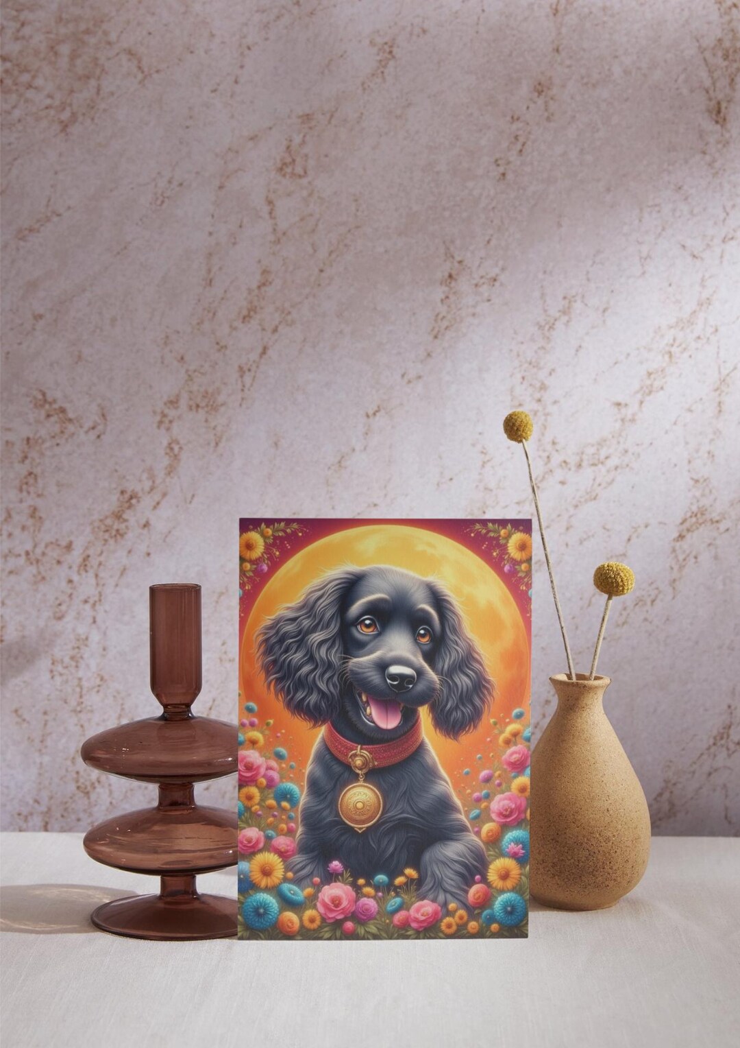 Printable Black Cocker Spaniel Portrait, Puppy With Flowers, Cocker ...