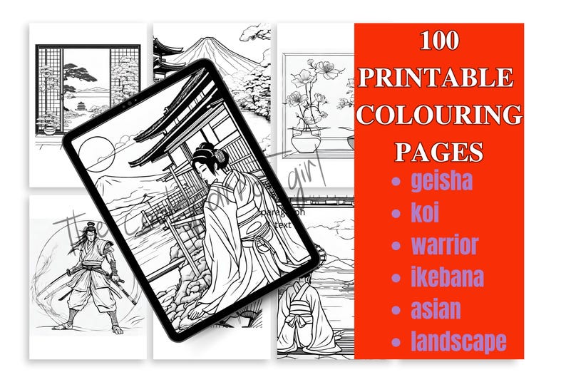 Japanese Geisha Coloring Pages, Asian Art, Samurai, Pagoda (digital ...