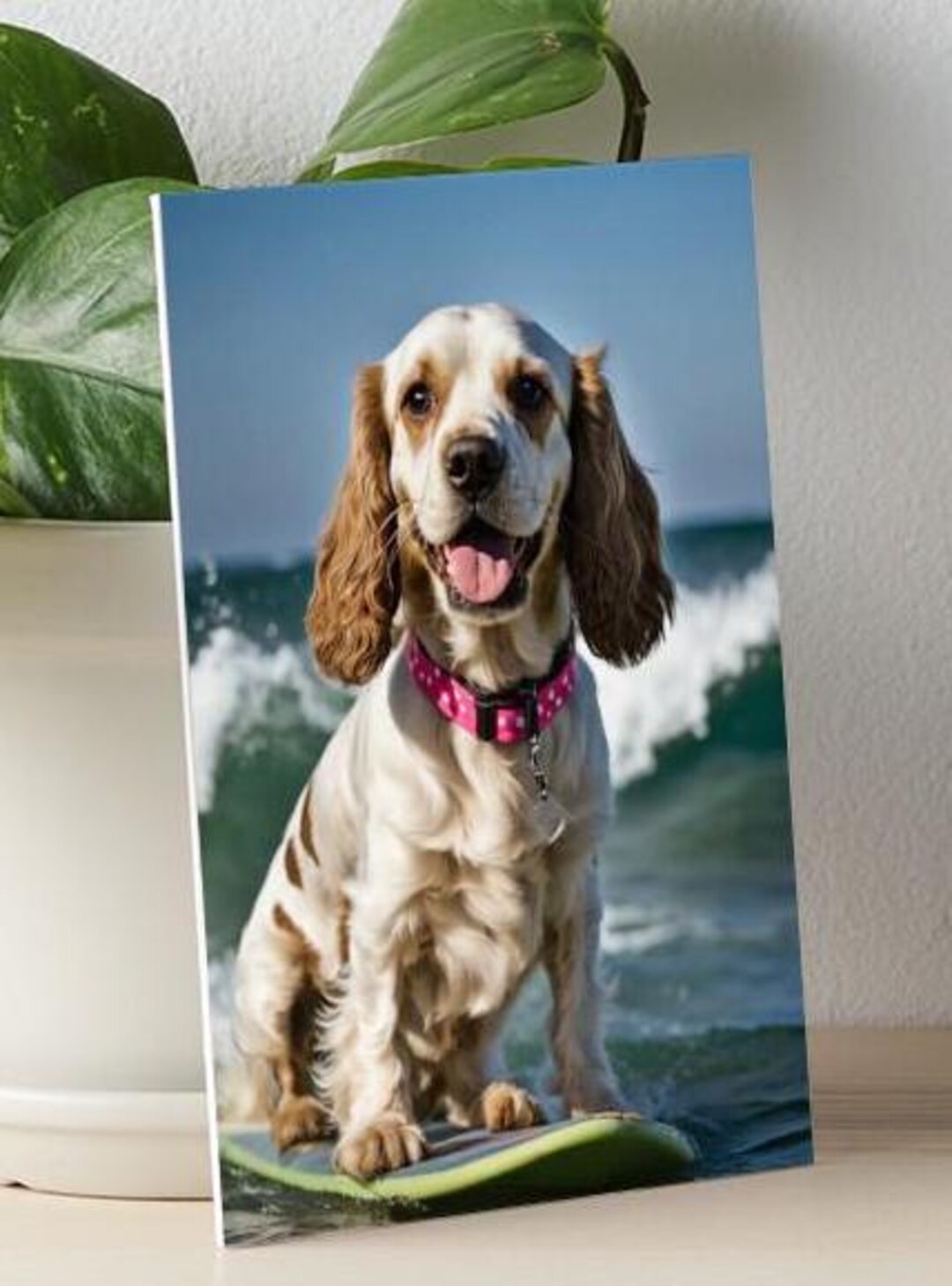 Printable Cocker Spaniel Surfing, Pink Collar, Cocker Spaniel Art ...