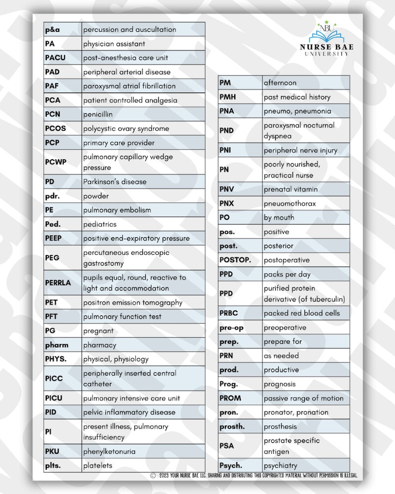 Medical Abbreviations Cheat Sheet for Nursing Students (digital Download) - Etsy