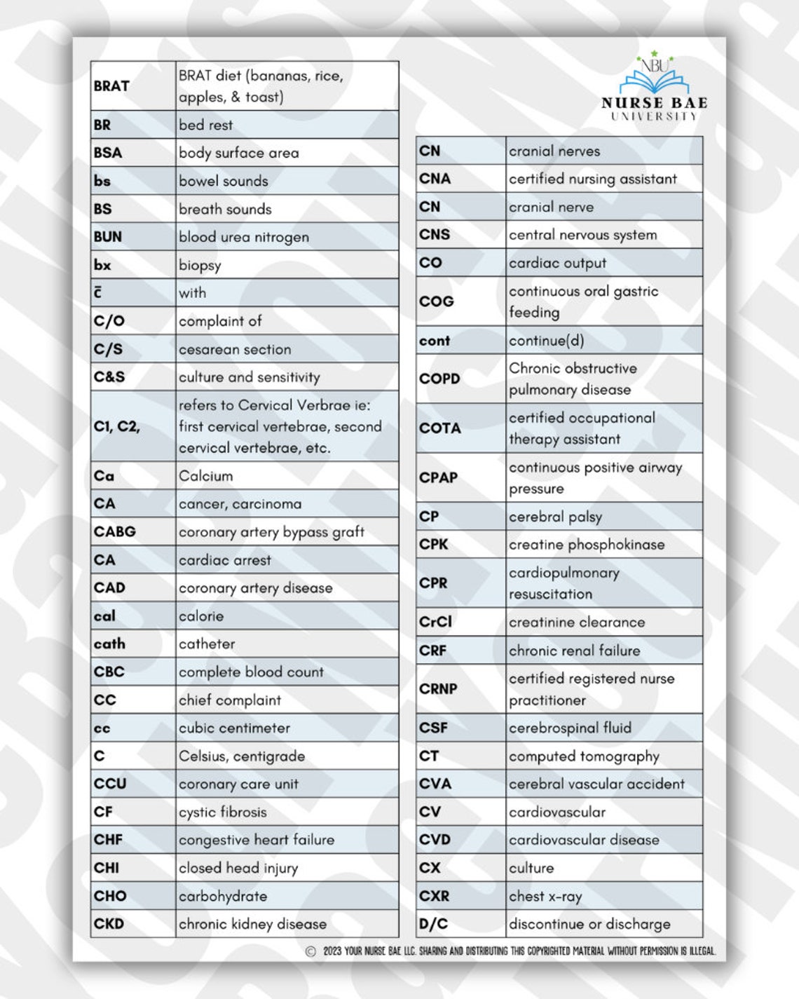 Medical Abbreviations Cheat Sheet for Nursing Students (digital ...