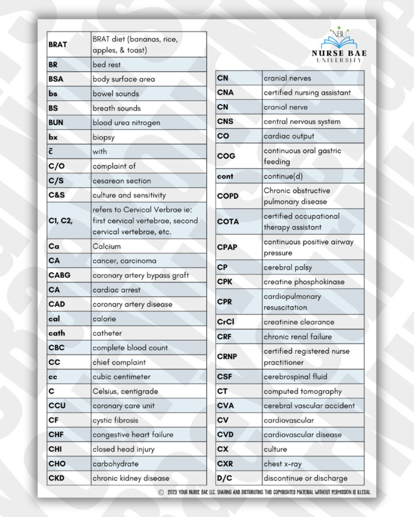 Medical Abbreviations Cheat Sheet for Nursing Students (digital ...