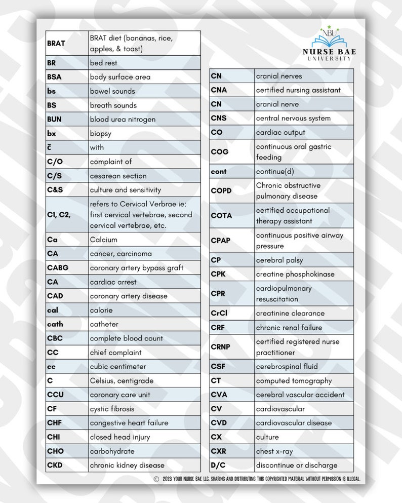 Medical Abbreviations Cheat Sheet for Nursing Students (digital ...
