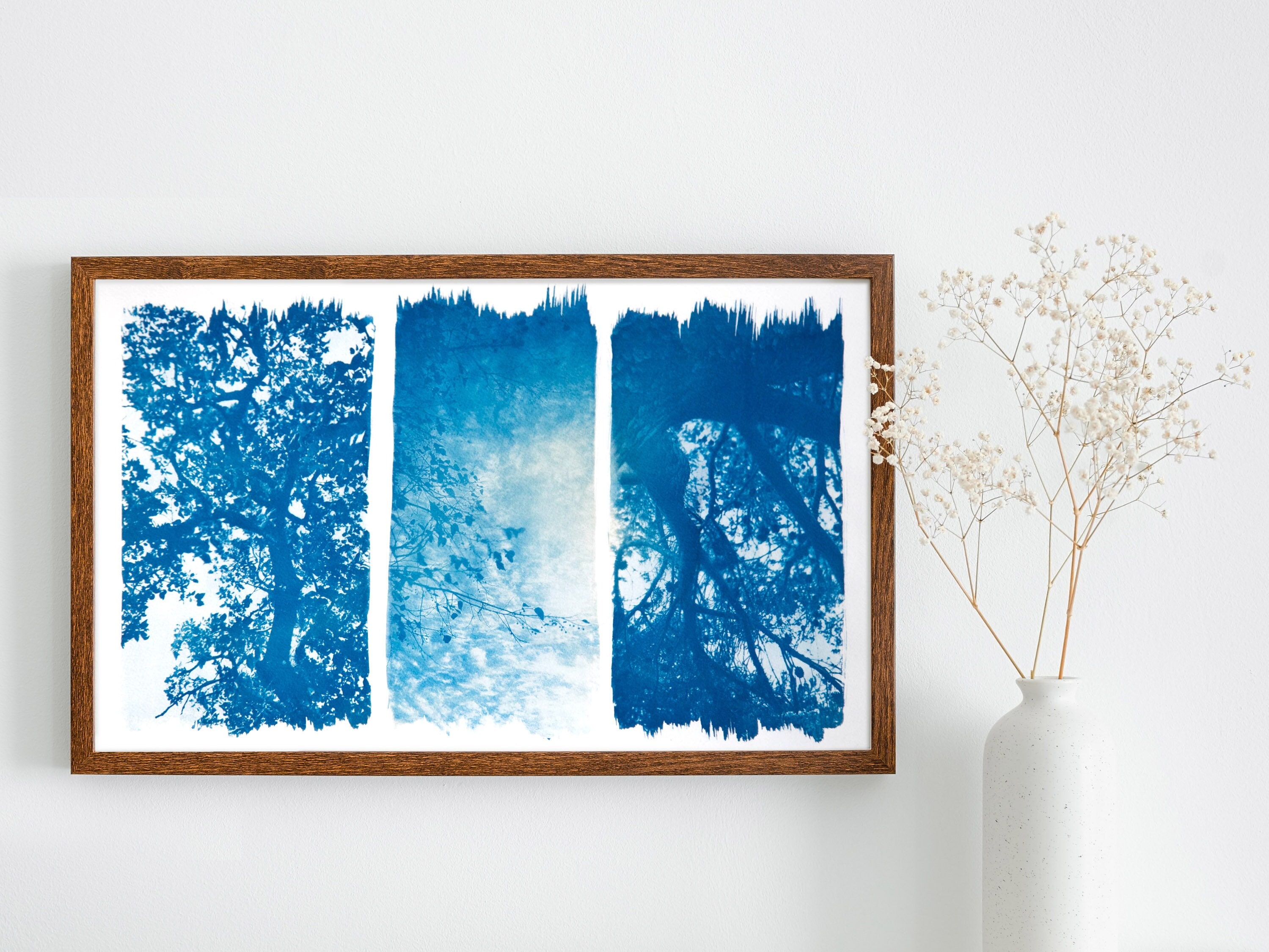 Handmade Cyanotype Print of 3 Trees, Relaxing Forest Wall Art, Living ...