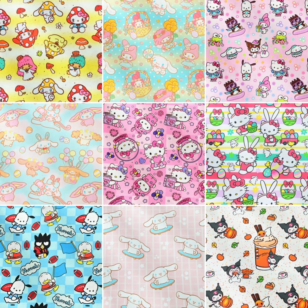 Hello Kitty Quarter Fabric, Fat Quarters, Sanrio Cotton Plain Fabric ...