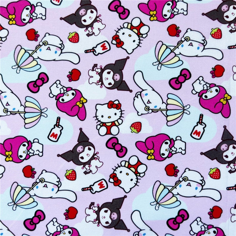 Cartoon Kuromi Mymelody Hello Kitty Cotton Fabric Printed Plain Sewing Animation Cloth 43inch by ...