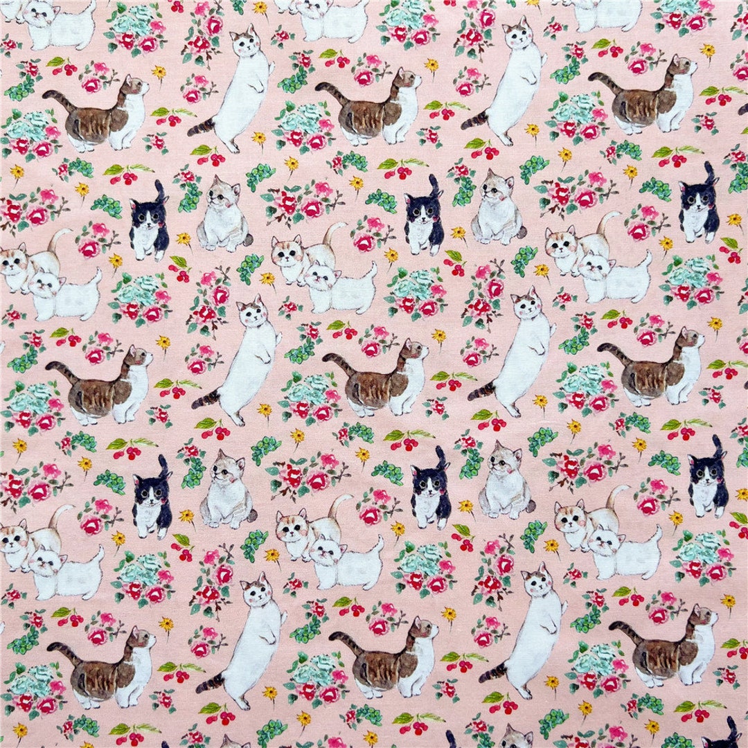 Cotton Fabric Vintage Pink Watercolor Flower Cat Sewing Cloth 43inch X ...