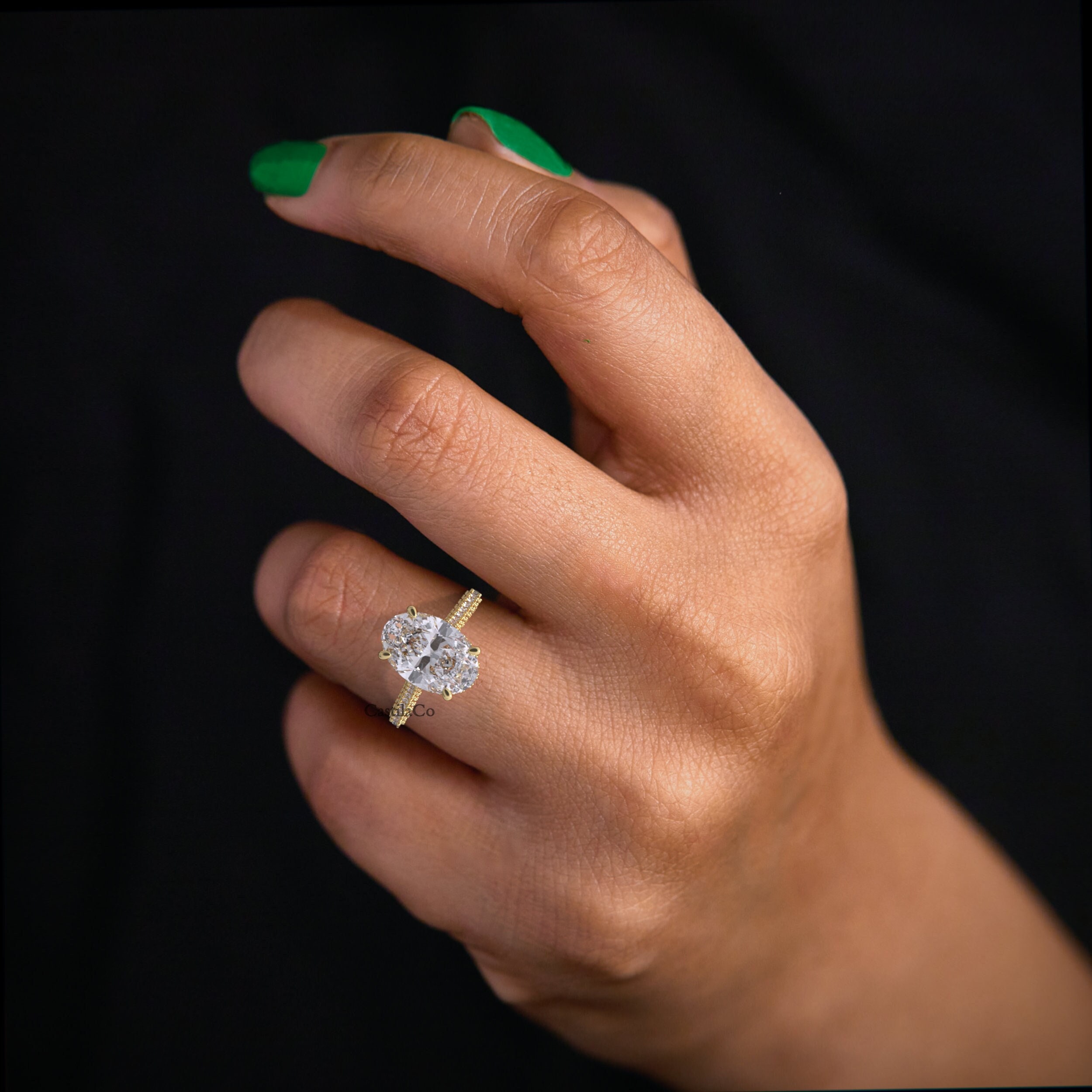 3 Carat Lab Grown Oval Cut Diamond Ring, Double Hidden Halo Engagement ...