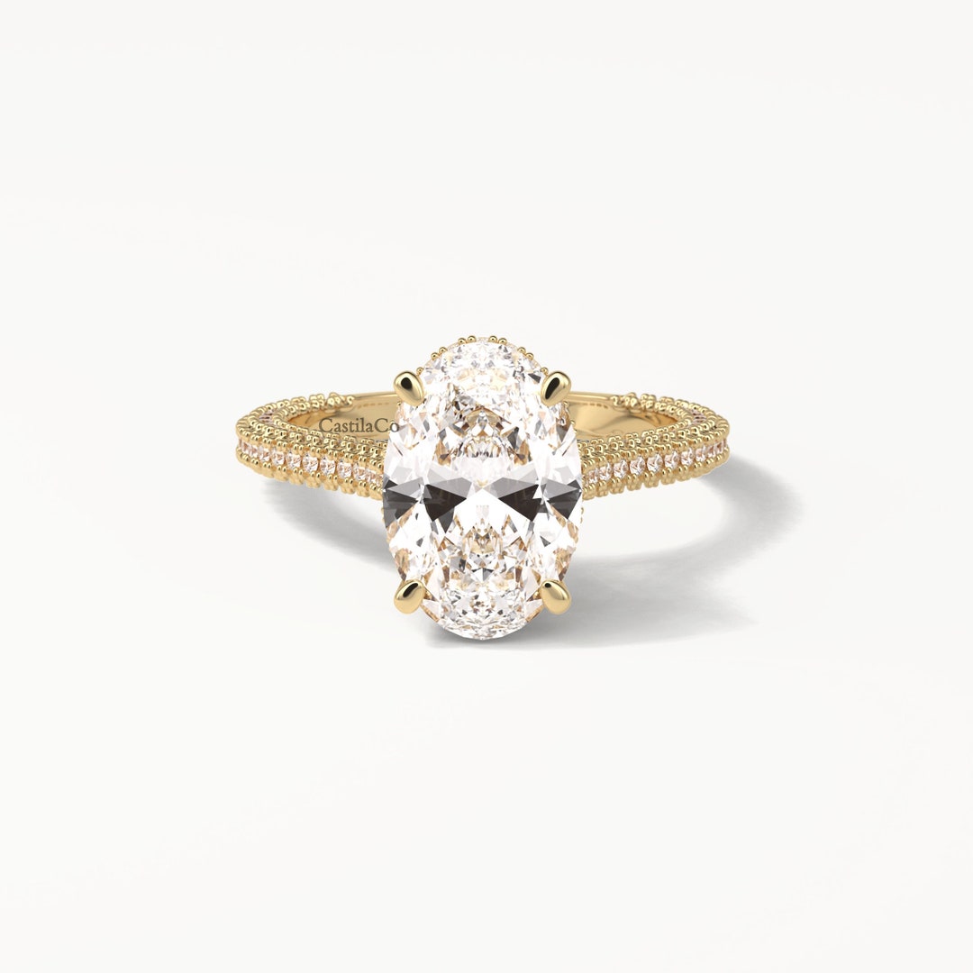 3 Carat Lab Grown Oval Cut Diamond Ring, Double Hidden Halo Engagement ...