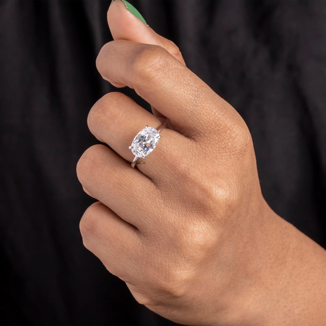 EAST-WEST Style Oval Diamond Solitaire Engagement Ring, 3.00 Carat Oval ...