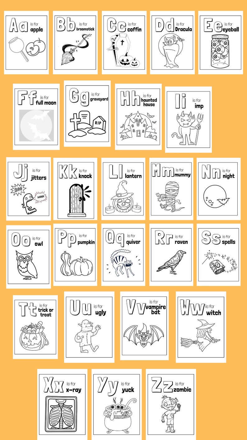 Halloween Alphabet Colouring Pages - Etsy