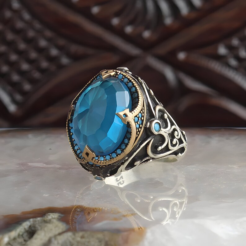 925 Sterling Silver Blue Topaz Men's Ring Unique Handmade - Etsy