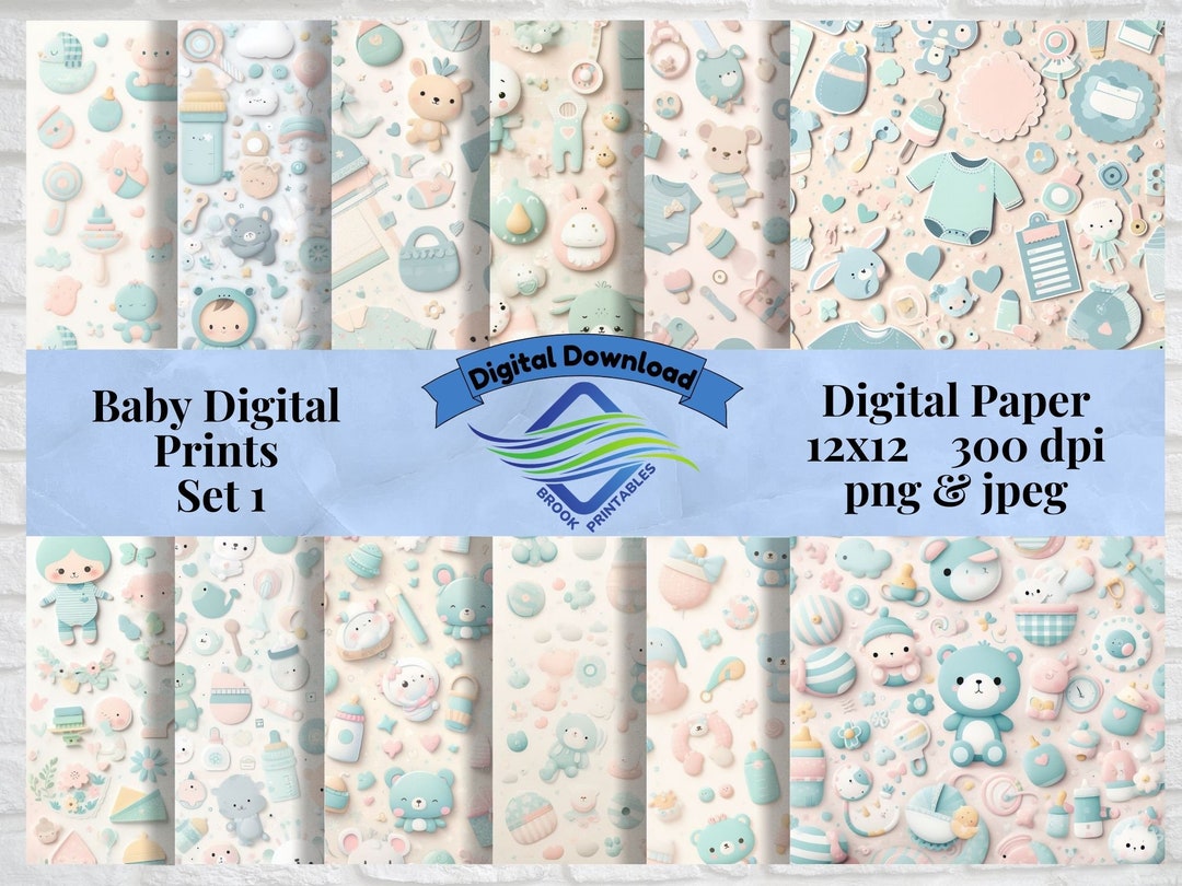 Baby Digital Paper Set 1 in JPG and PNG Formats, Nursery Pattern ...