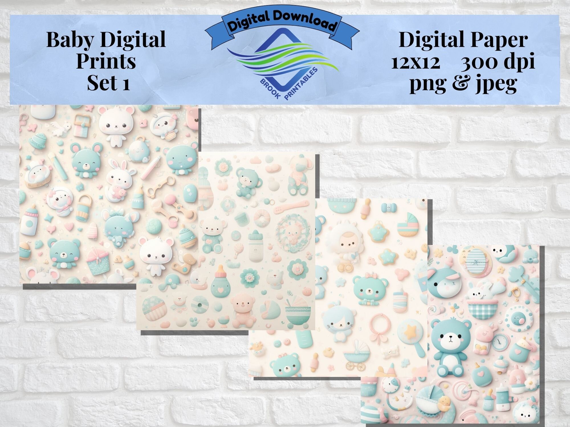 Baby Digital Paper Set 1 in JPG and PNG Formats, Nursery Pattern ...
