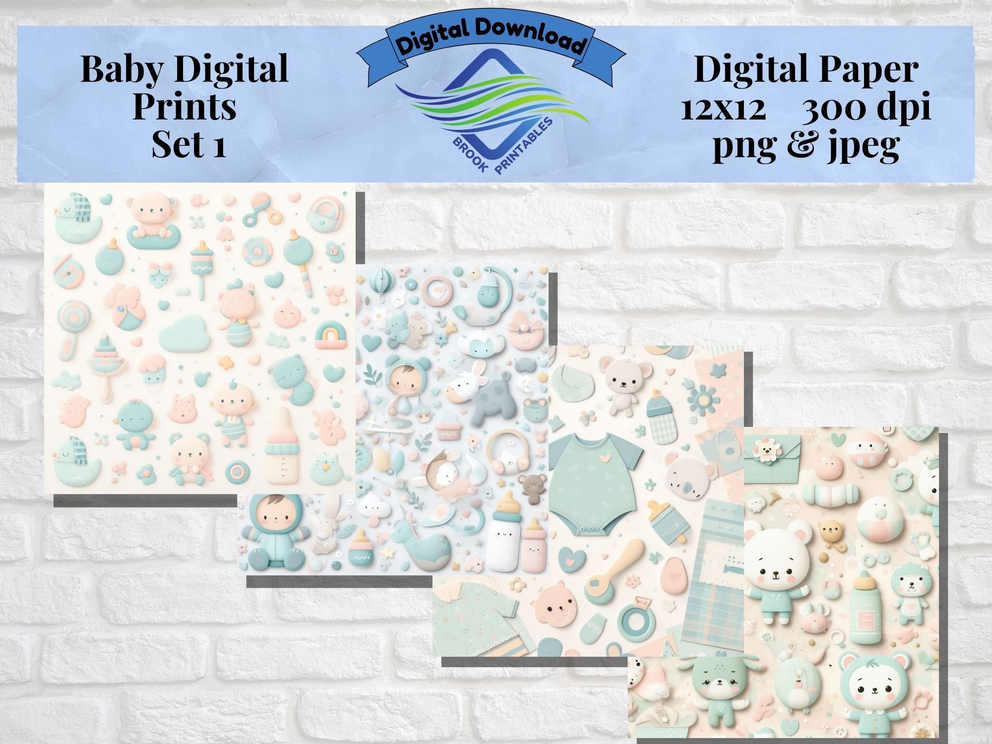 Baby Digital Paper Set 1 in JPG and PNG Formats, Nursery Pattern ...