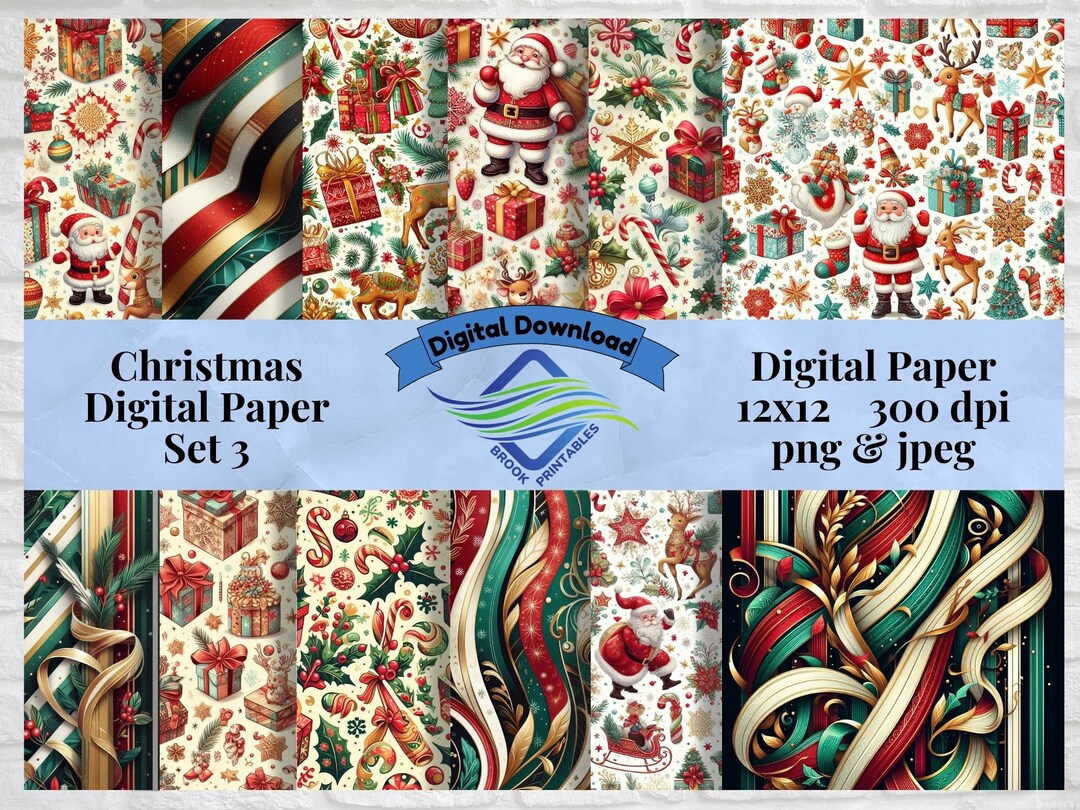 Christmas Digital Paper Set 3 in JPG and PNG Formats, Christmas ...