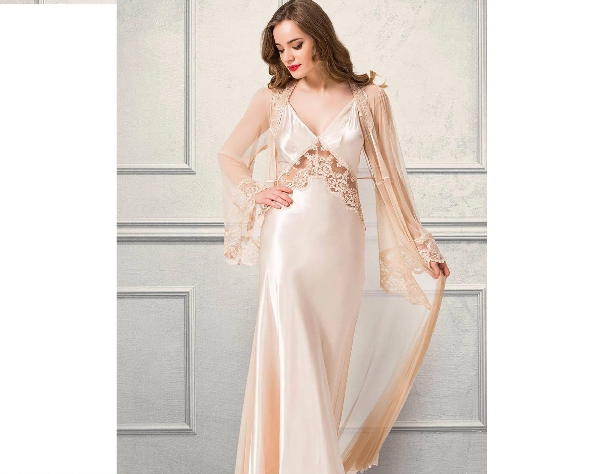 Bridal Satin Nightgown and Lace Robe Set,bridal Lingerie Set,sexy ...