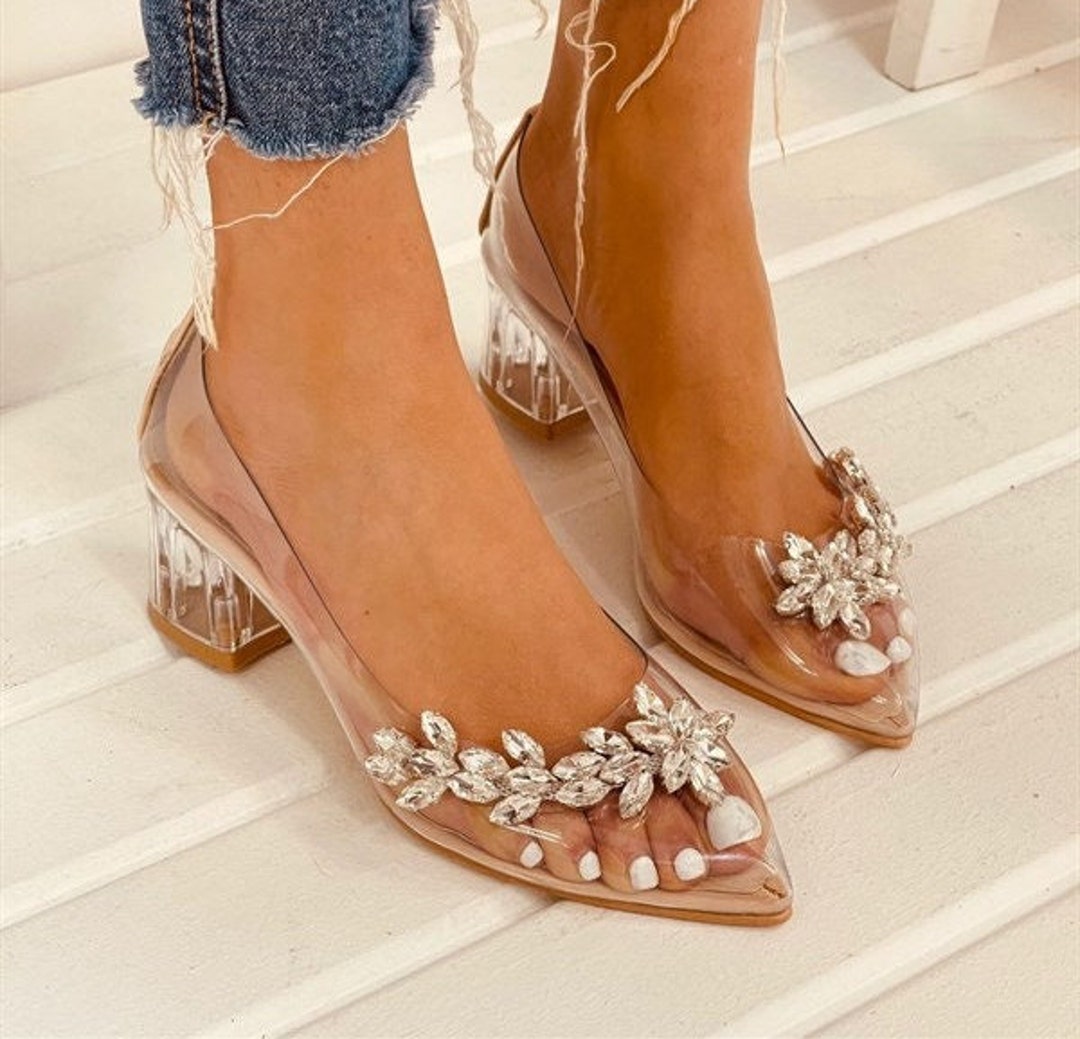 Bridal Shoes,romantic Short Heeled Bridal Shoe,nude Transparant Shoe ...