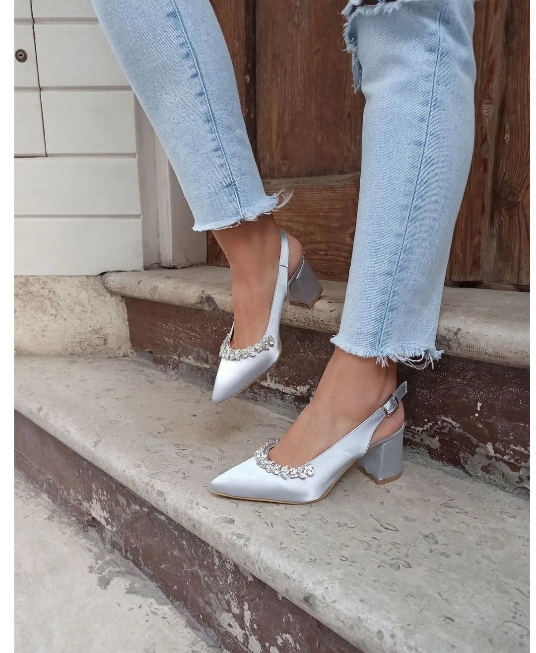 Silver Satin Women Shoe,bridal Shoe,wedding Shoe,satin Silver Short ...