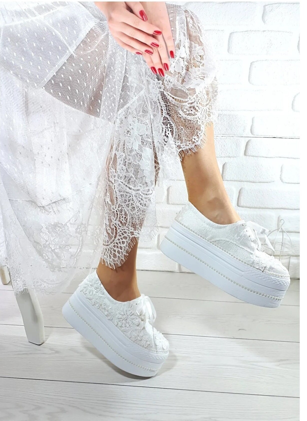 White Bridal Shoe,platform Wedding Shoe,white Lace Bridal Sneaker ...