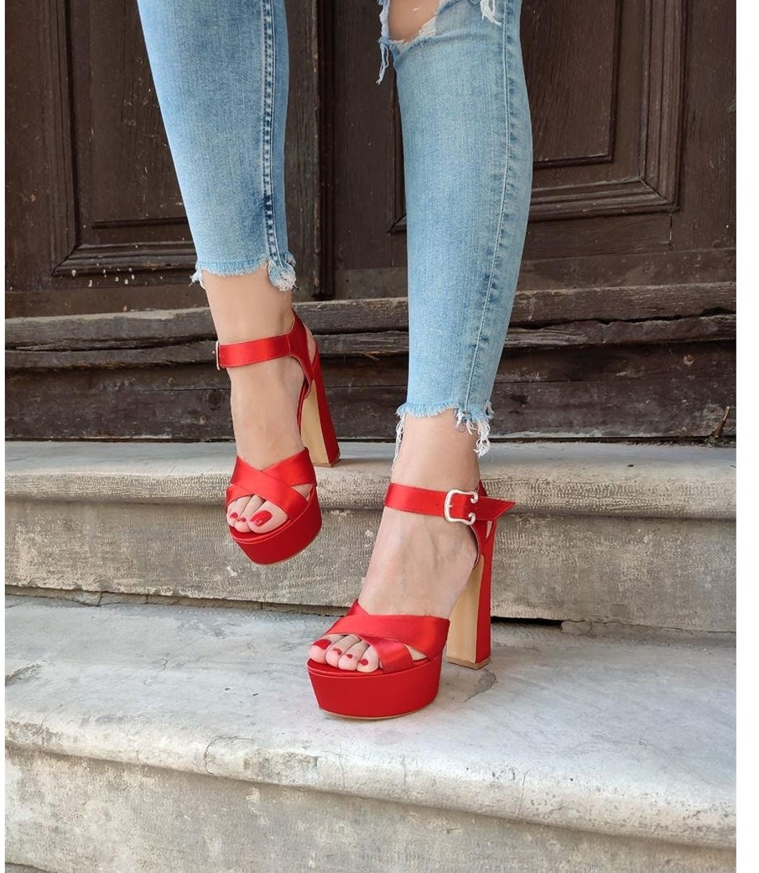 Red Satin Women Shoe,red Platform Heel,ankle Strap Platform,wedding ...