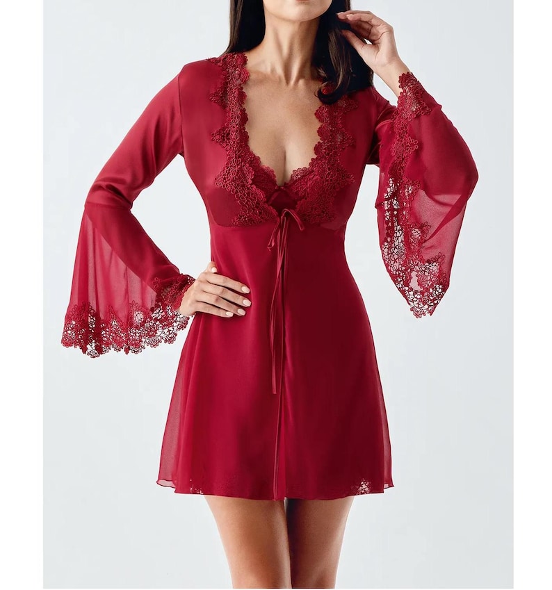 Burgundy Satin Lace Nightgown and Robe Set - Etsy