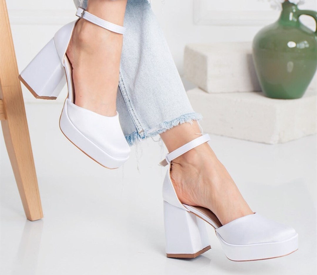 White Platform Block Heel Wedding Shoe, Bridal Sandal (9cm) - Etsy