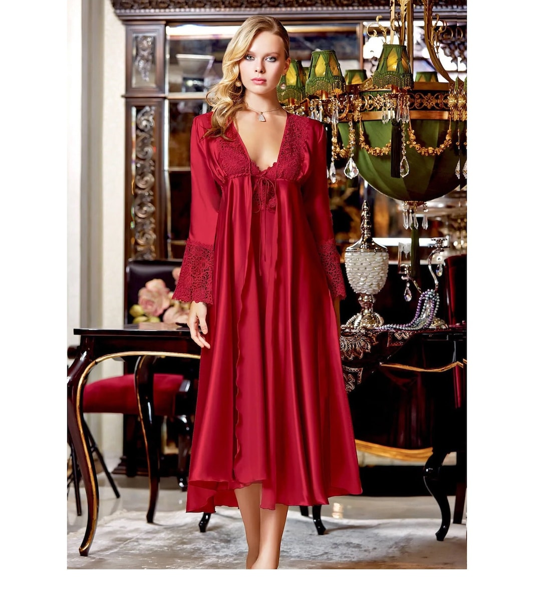 Burgundy Lace Satin Nightgown Set of 6,bridal Nightgown and Robe,pajama Set,for Honeymoon ...