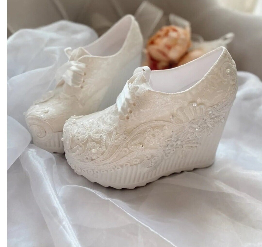 Bridal Shoe,white Wedding Platform Shoe,platform Heeled,white Bridal ...