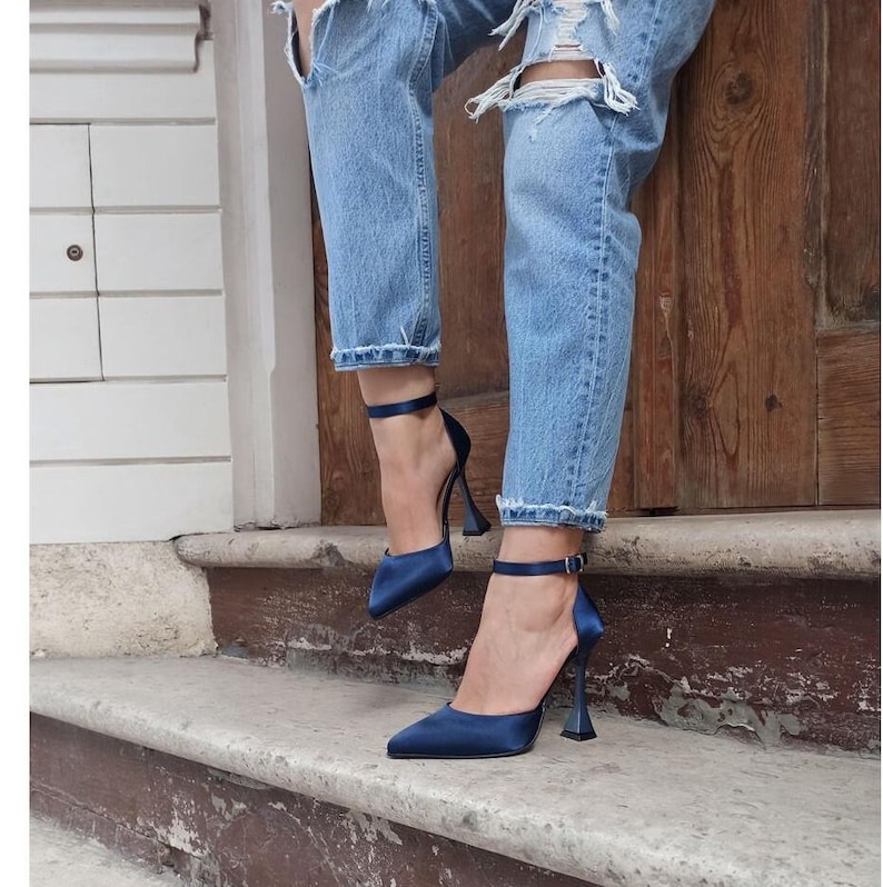 Navy Blue Women Shoe,navy Blue Stiletto,satin Blue Shoe,ankle Strap ...