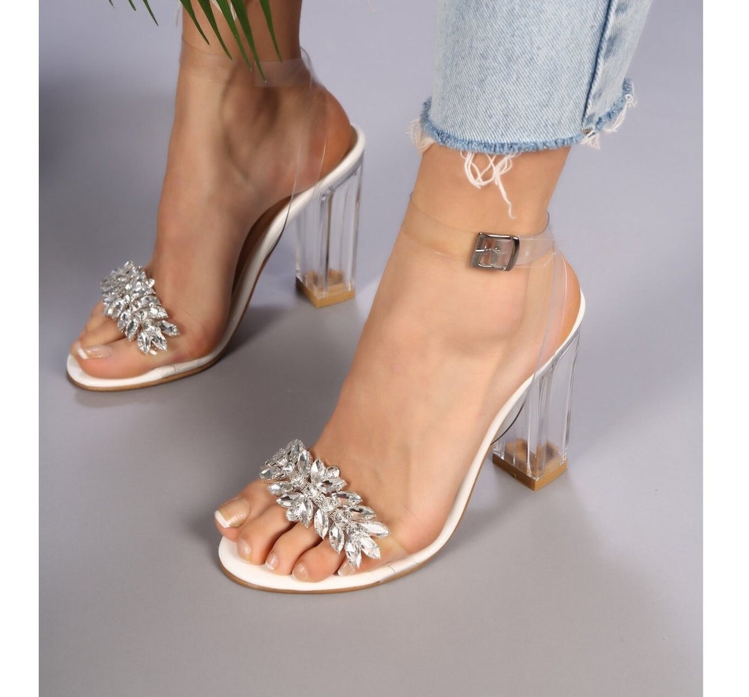 Rhinestone Bridal Shoes, Transparent Ankle Strap, Block Heel - Etsy