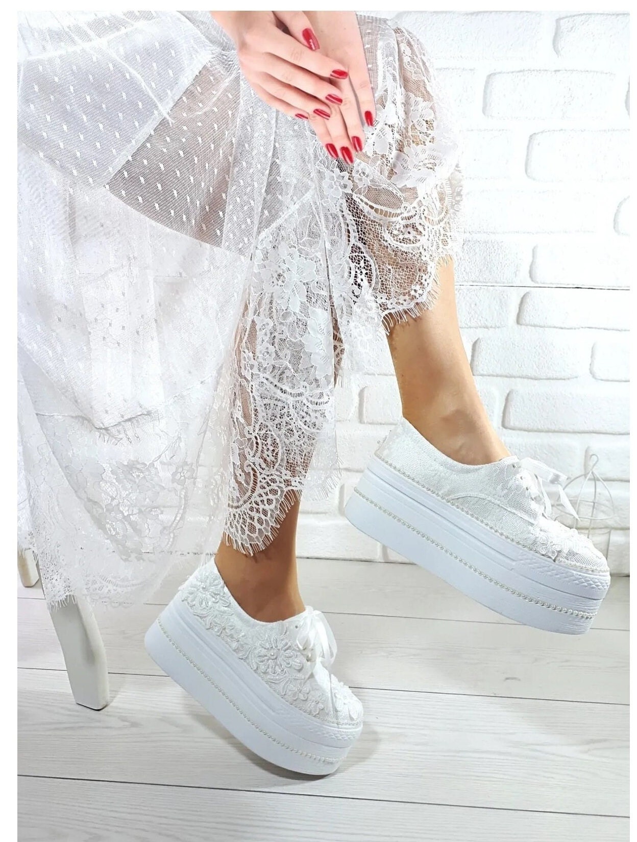 White Bridal Shoe,platform Wedding Shoe,white Lace Bridal Sneaker ...