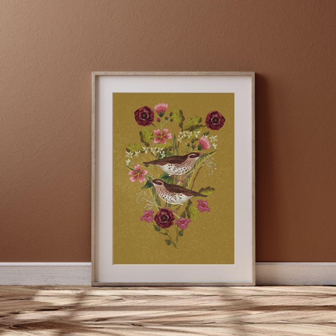 Song Thrush Wall Art, Hand Drawn Bird Print With Roses & Tulips ...