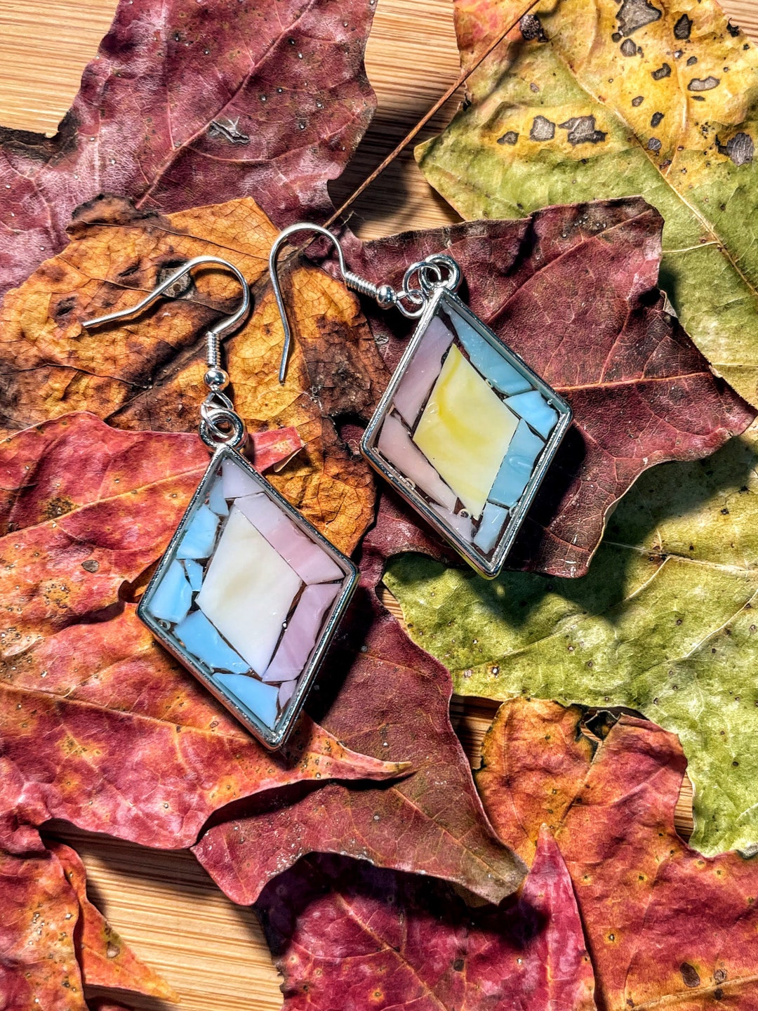 Diamond-shaped Mosaic Earrings Silver Color Hooks/bezel - Etsy