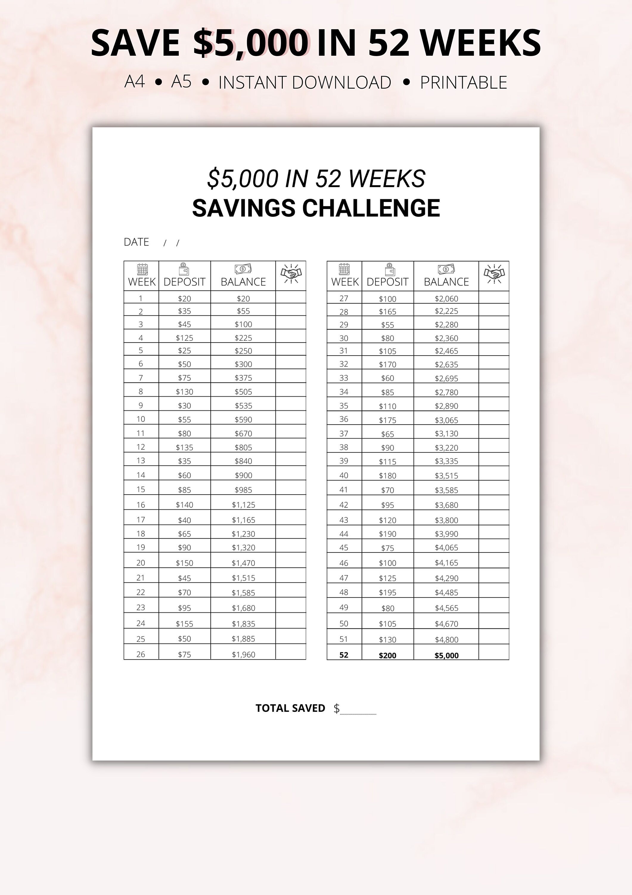 5K Savings Challenge 2024 Money Challenge Money Saving Challenge 52 ...