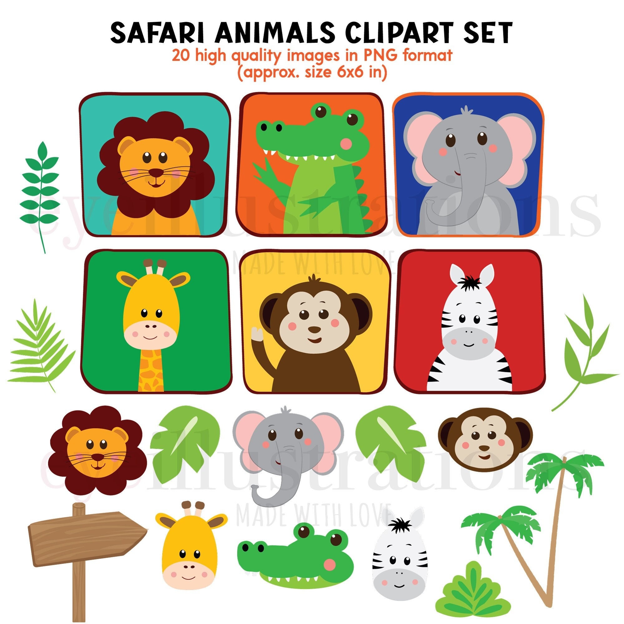 Safari Animals Clipart Set PNG, Wild Animals Including Lion, Crocodile ...