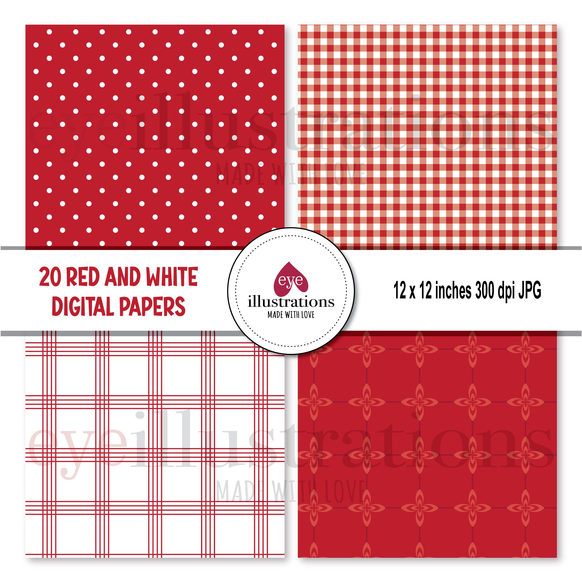 Red and White Gingham Digital Paper Pack, Farmhouse Cottage Digital ...