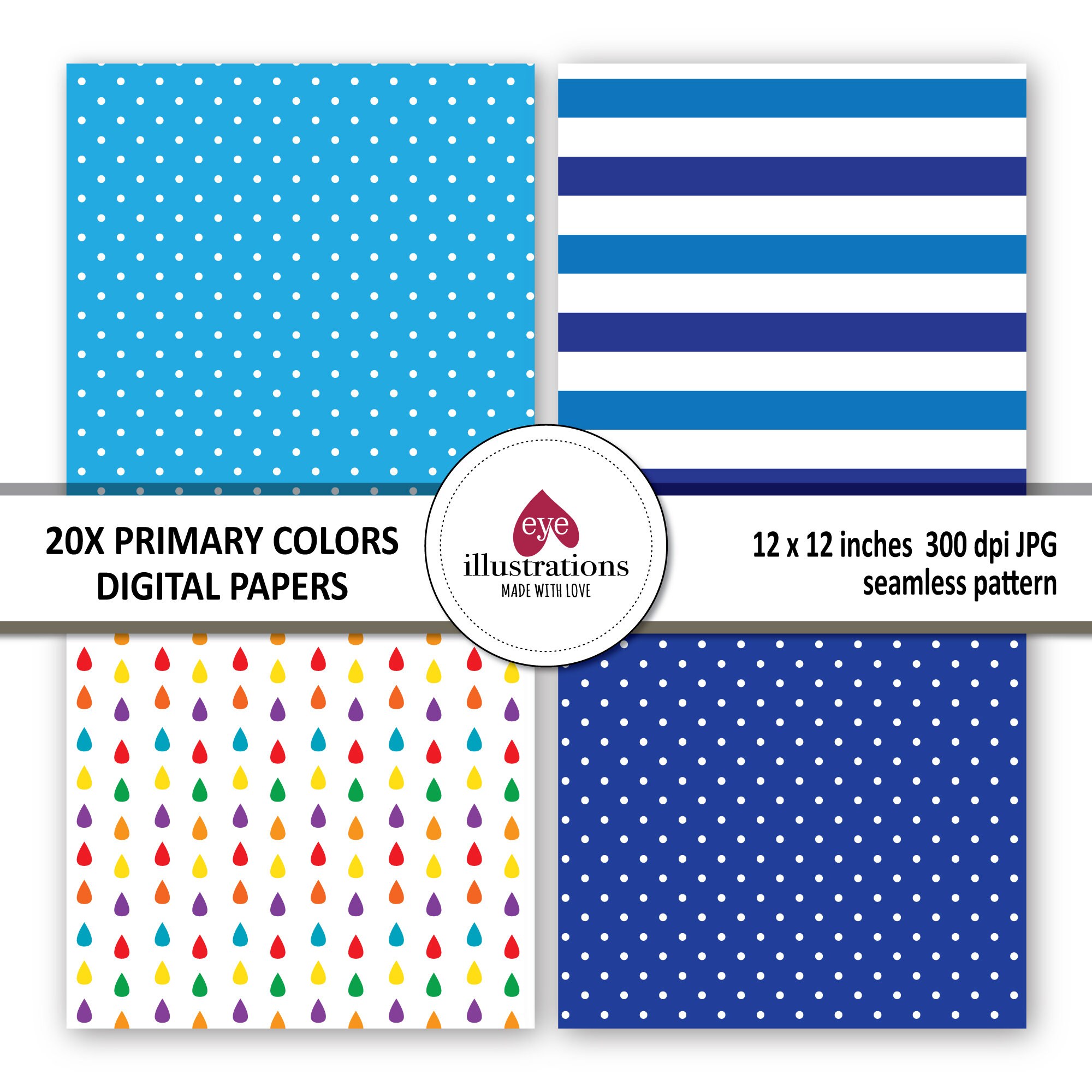 Primary Colors Digital Paper Pack: Polka Dots, Stripes (digital ...