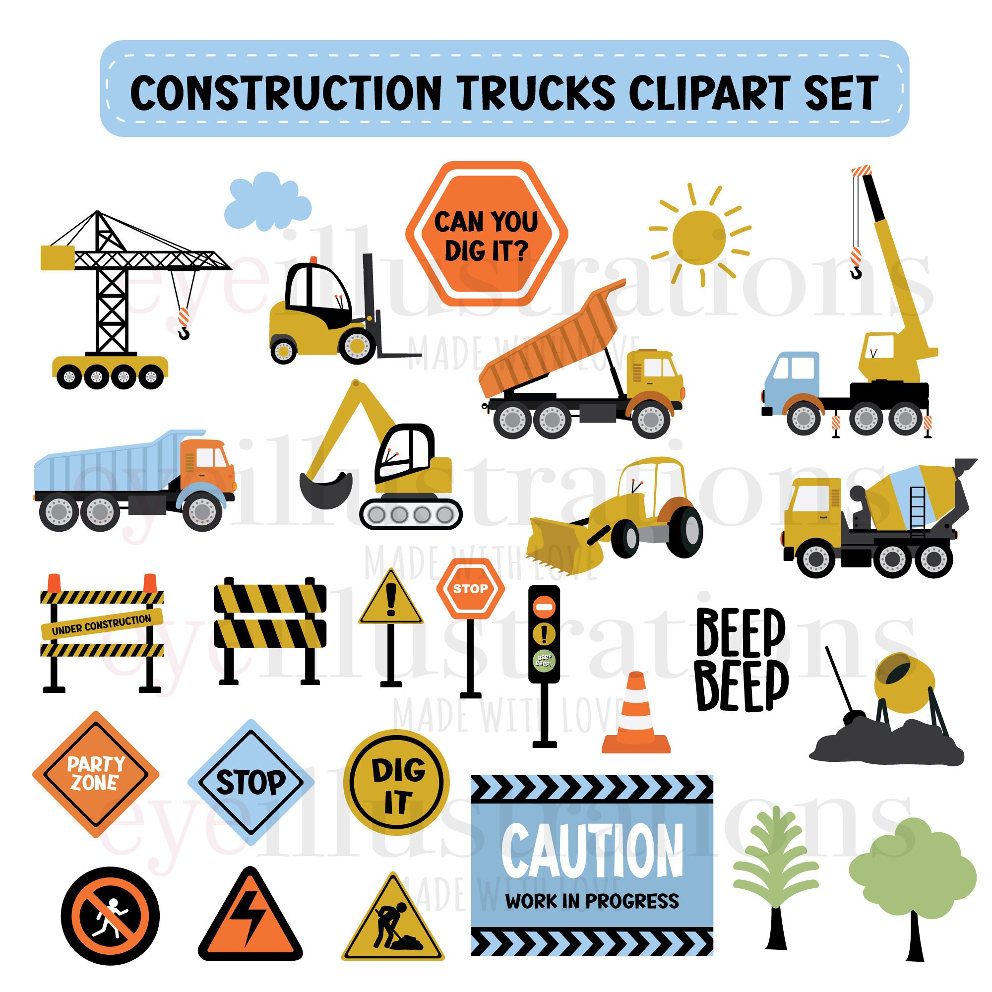 Construction Clipart Set, Cranes, Diggers, Trucks, Bulldozers and ...